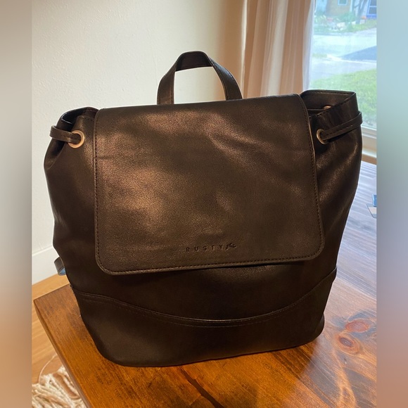 Rusty | Bags | Rusty Usa Black Leather Backpack With Drawstring | Poshmark